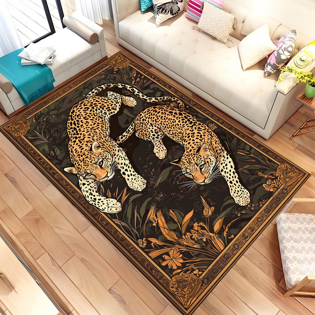 Leopard Themed Living Room Area Rug, Animal Print Carpet for Wildlife ...