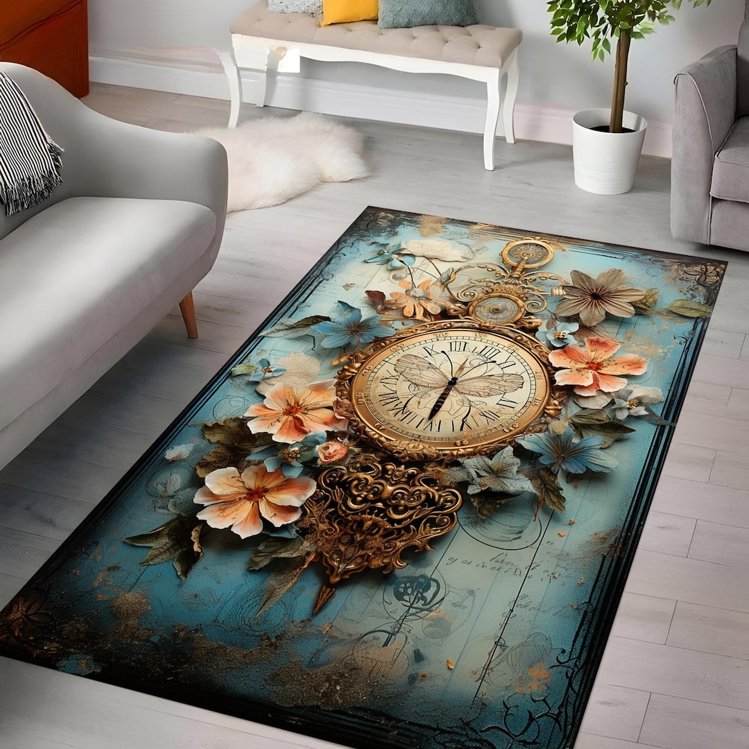 Clock Rug, Flowers Rug, 3D Rug, Clock Patterned Rug, Home Decor ...
