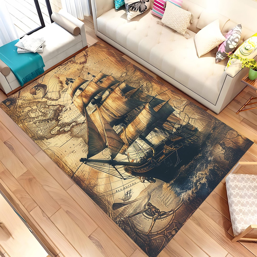 Ship Rug, Pirate Ship Rug, Vintage Pirate Ship Rug, Home Decor, Area ...