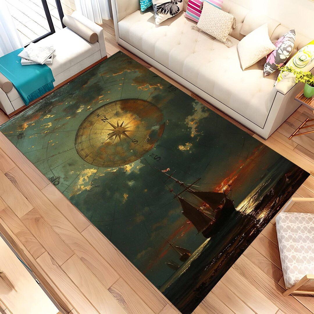 Pirate Ship Rug, Compass Rug, Ship Rug, Vintage Pirate Ship Rug, Living ...