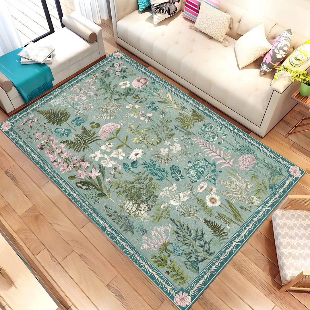 Botanical Floral Area Rug, Vintage Cottagecore Carpet, Nature Inspired ...