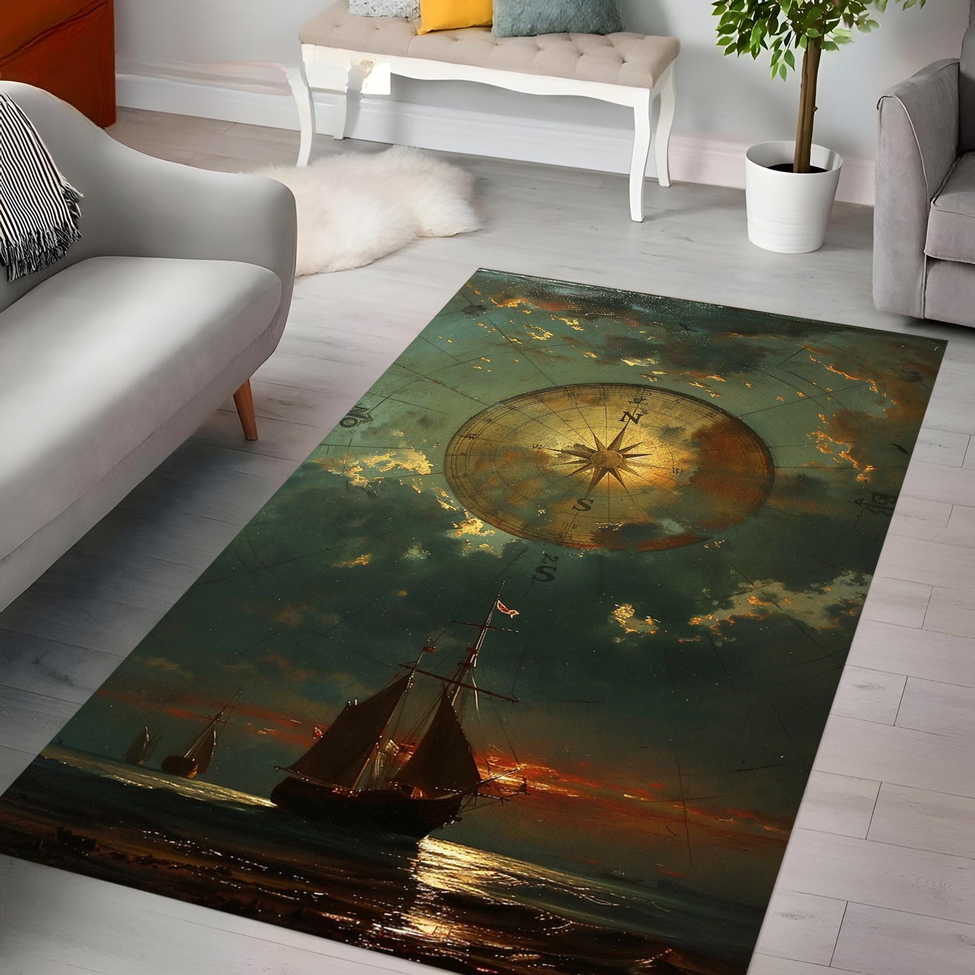 Pirate Ship Rug, Compass Rug, Ship Rug, Vintage Pirate Ship Rug, Living ...