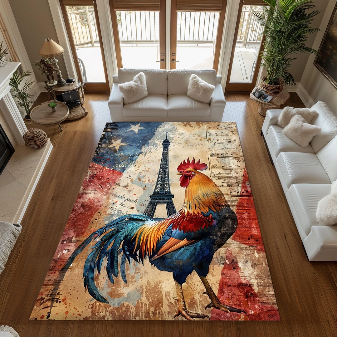 Red Rooster Rug, Rooster Rug, Eifel Themed Rug, Rooster Pattern Rug ...