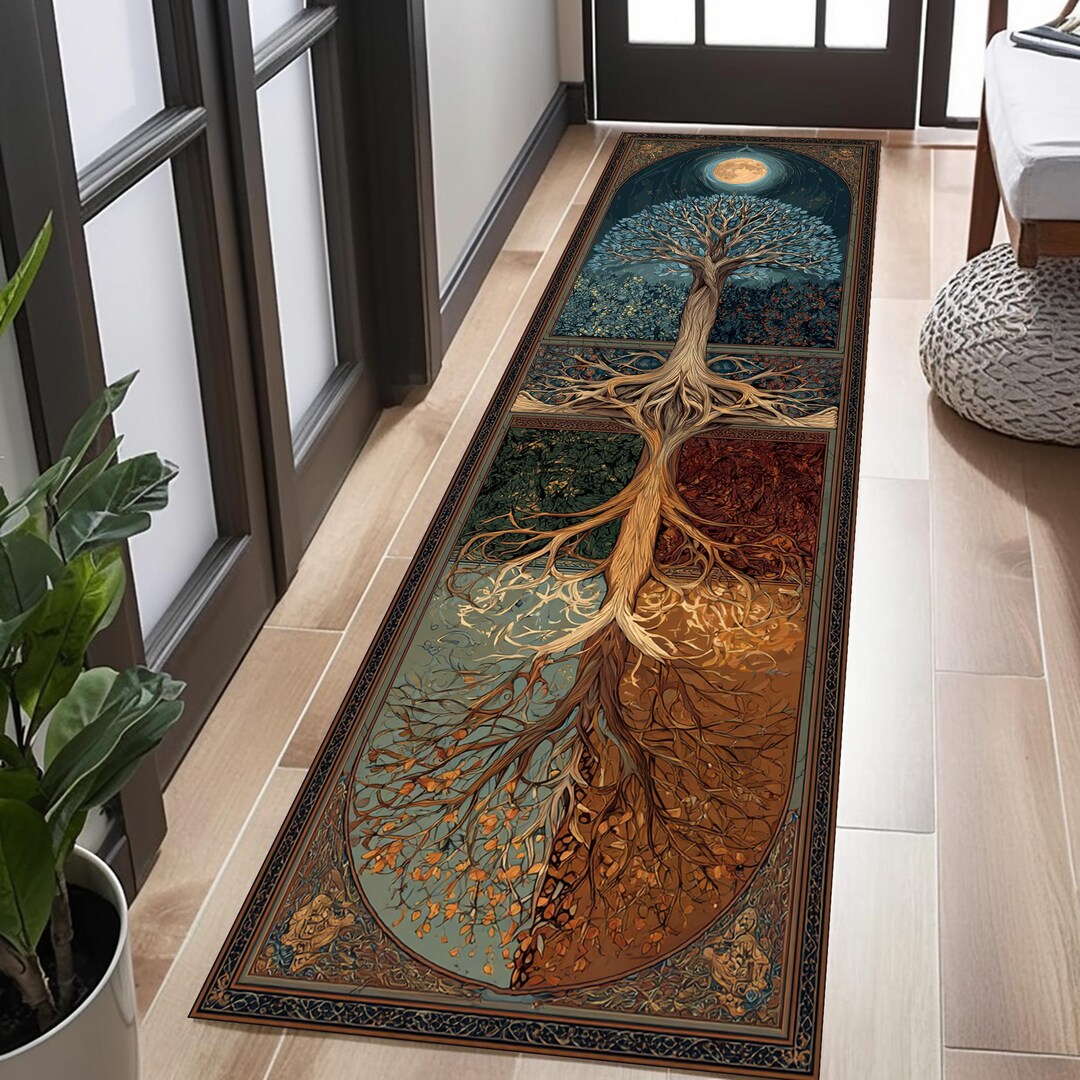 Four Seasons Tree of Life Runner Rug, Mystical Tree Hallway Rug, Boho ...