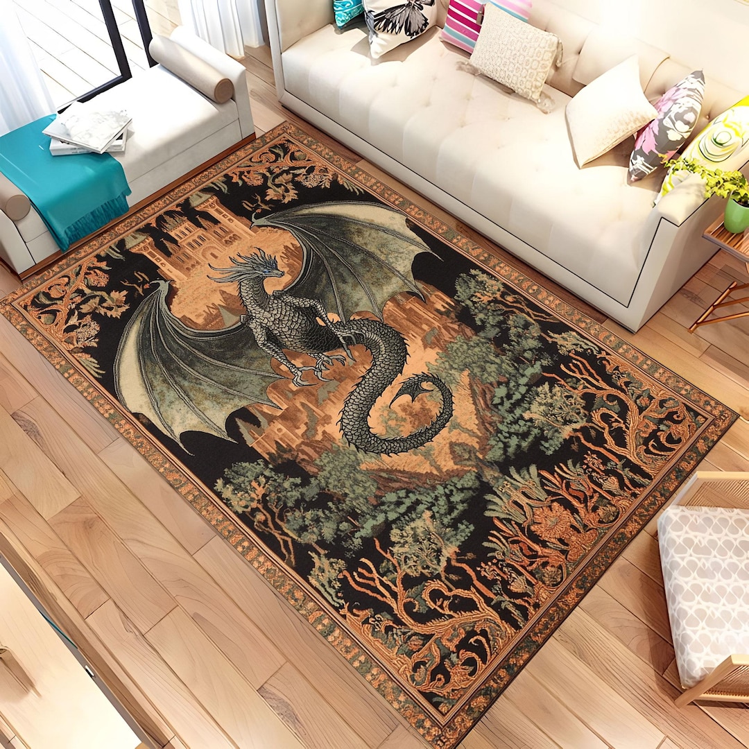 Dragon Castle Area Rug, Gothic Medieval Fantasy Decor, Black and Gold ...