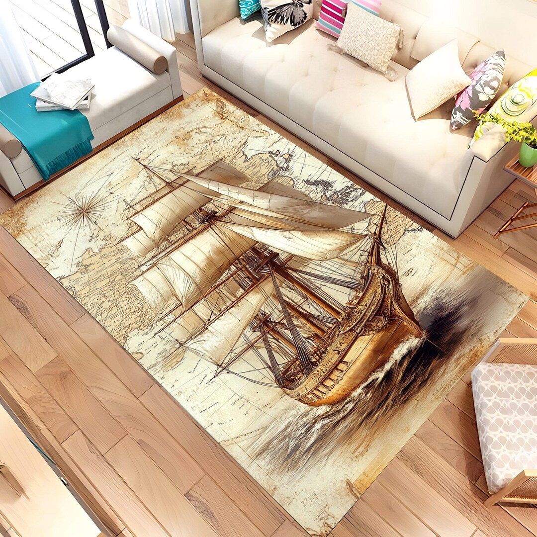 Vintage Pirate Ship Rug, Ship Rug, Pirate Ship Rug, Home Decor, Area ...