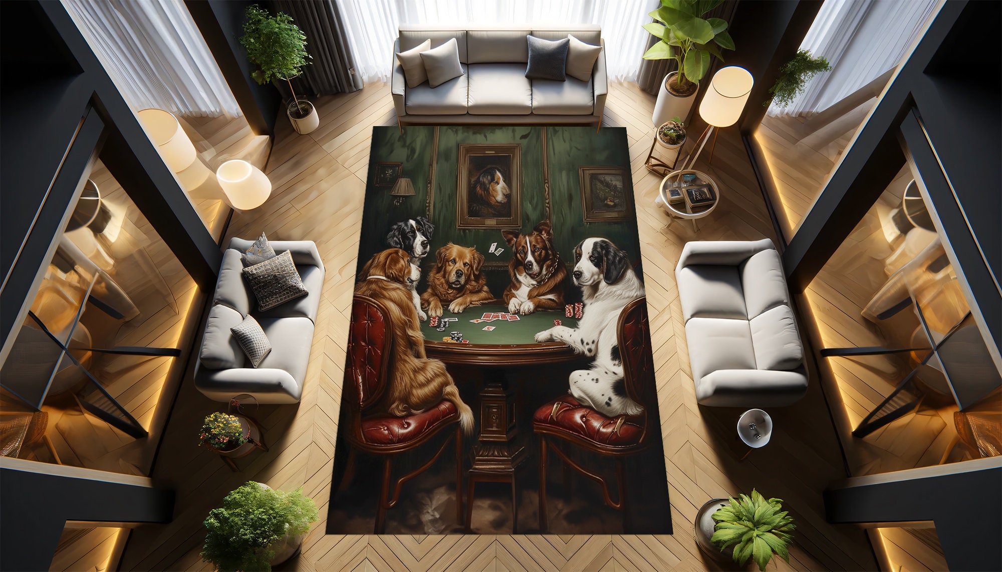 Dog Family Rug, Dog Rug, Dogs Playing Cards, Poker Room Rug, Living ...