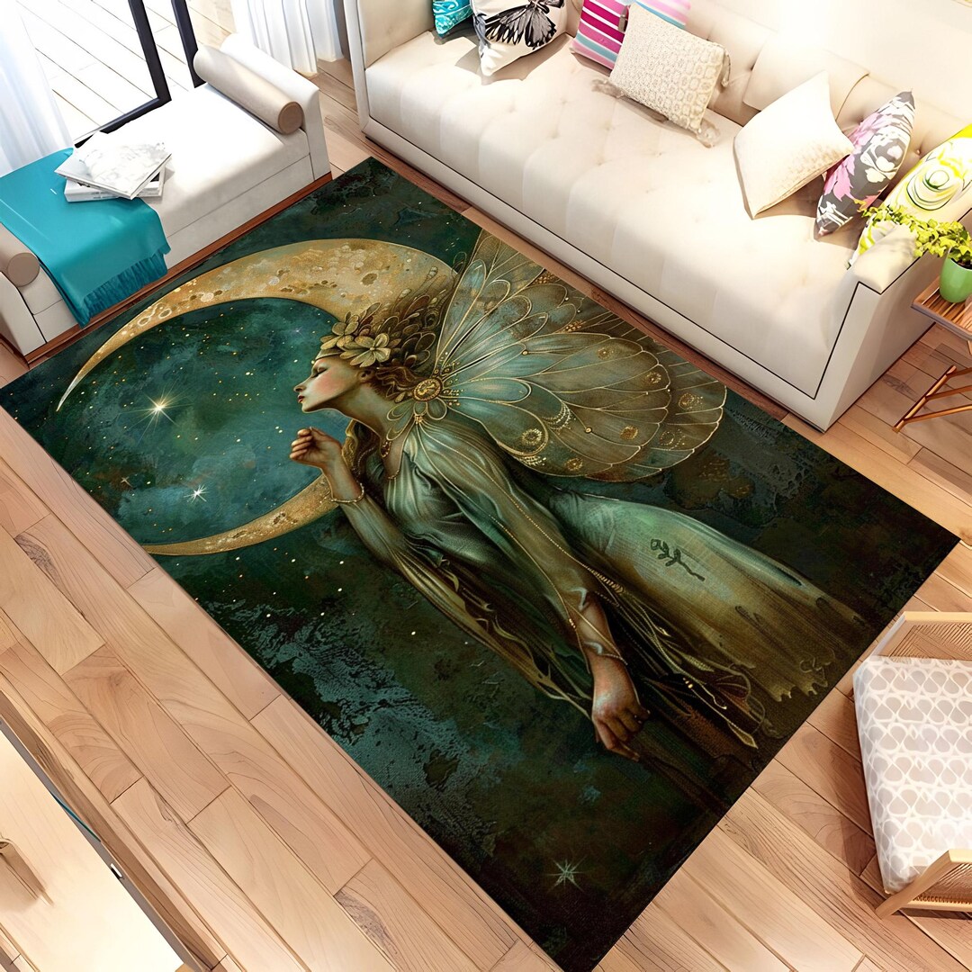Angel Rug, Fairy Girl Rug, Moon Rug, Green Design Rug, Living Room Rug ...