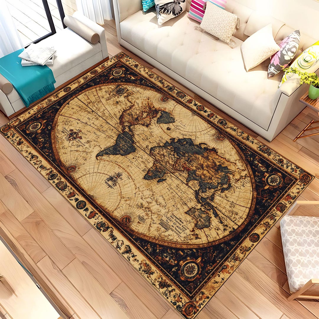 Vintage World Map Rug, World Map Rug, Old World Map Rug, Map Themed Rug ...