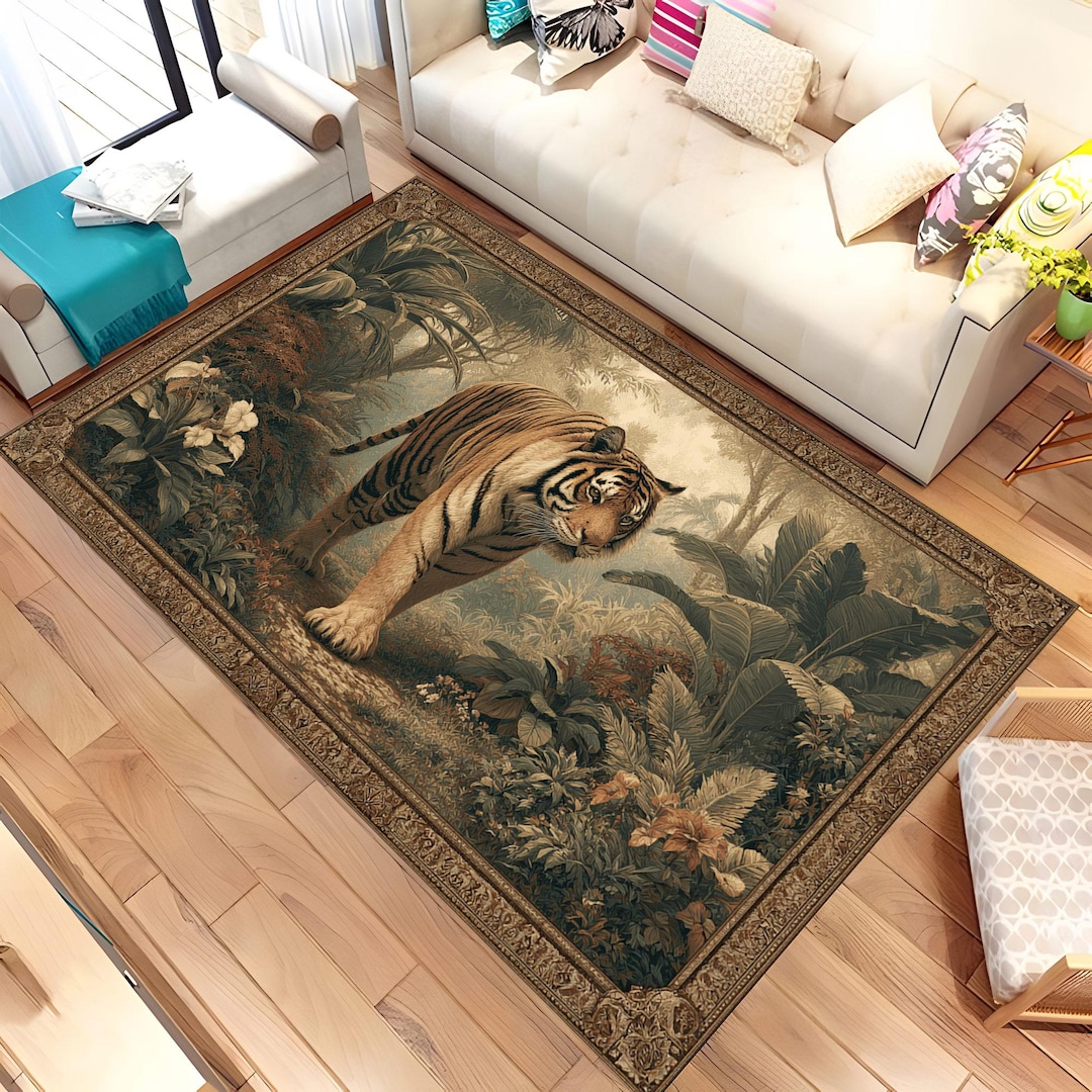 Vintage Tiger Rug, Jungle Animal Carpet, Exotic Tiger Area Rug, Classic ...