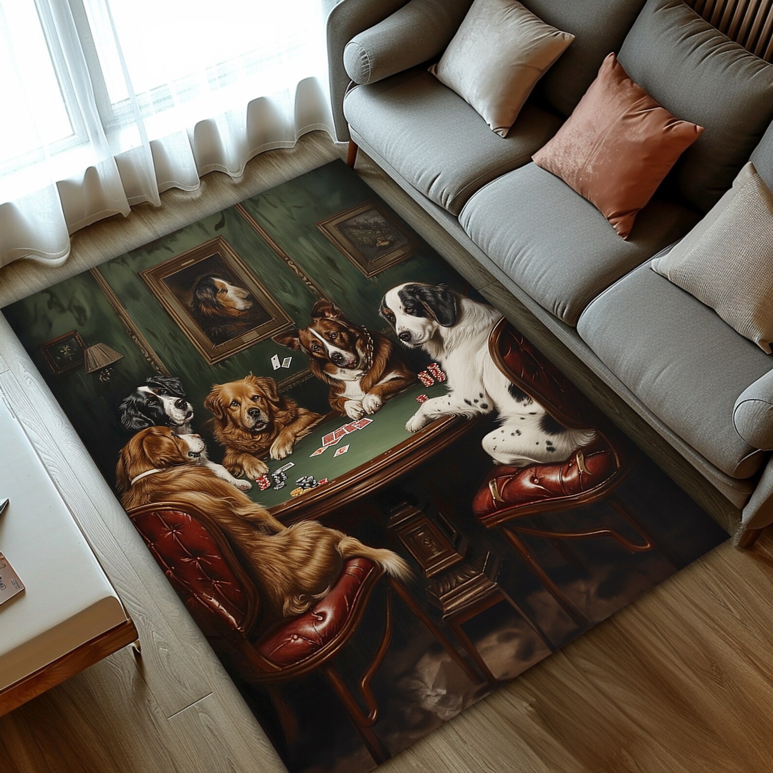 Dog Family Rug, Dog Rug, Dogs Playing Cards, Poker Room Rug, Living ...
