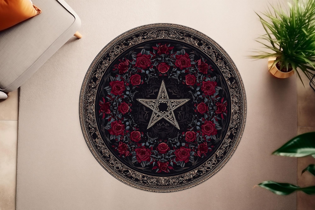 Gothic Pentagram Round Rug, Dark Rose Occult Carpet, Black & Red Floral ...