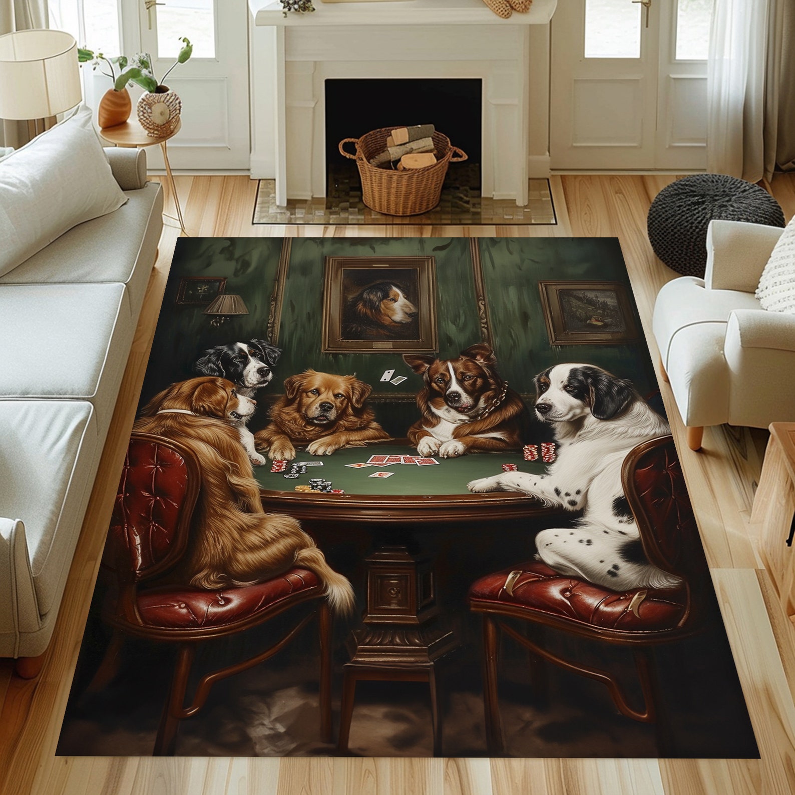 Dog Family Rug, Dog Rug, Dogs Playing Cards, Poker Room Rug, Living ...