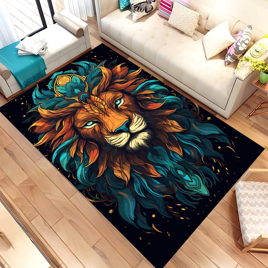 Lion Rug, Lion Pattern Rug, Animal Rug, Colorful Lion Rug, Living Room ...