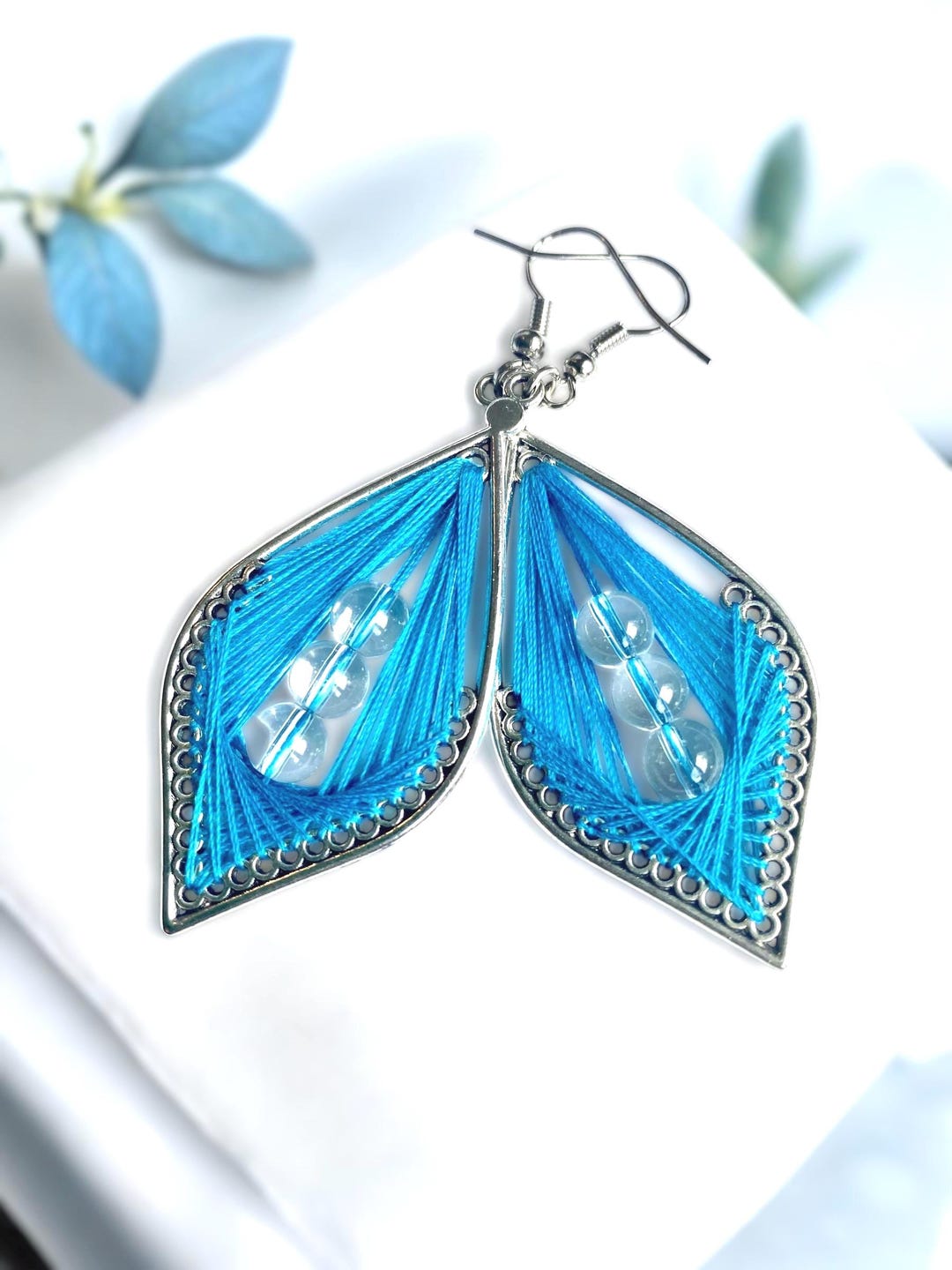 Teal String Art Earrings: Quartz Gemstone, Bohemian Woven Earrings - Etsy