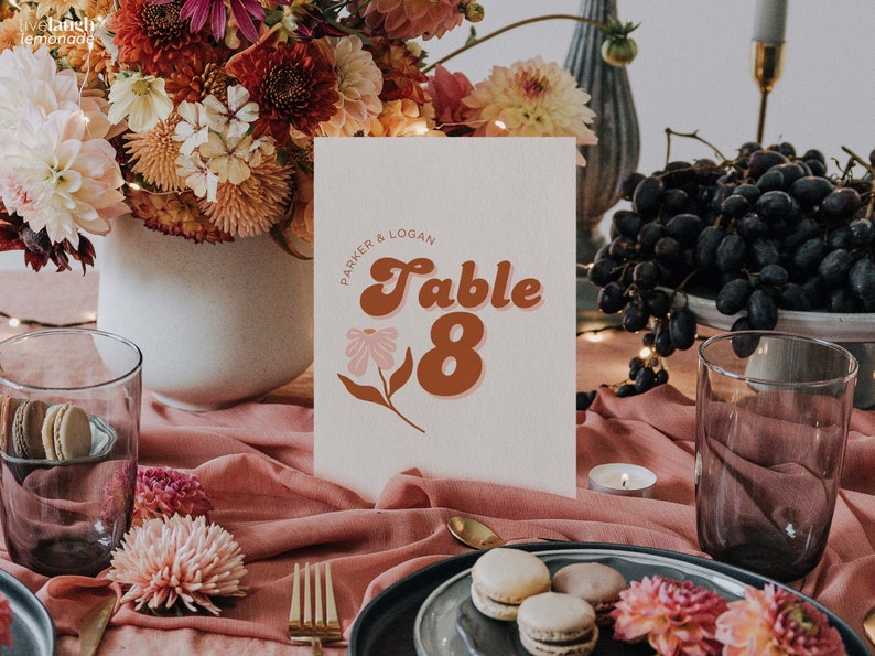 Retro Wedding Table Number With 70s Vintage Flower Design - Editable ...