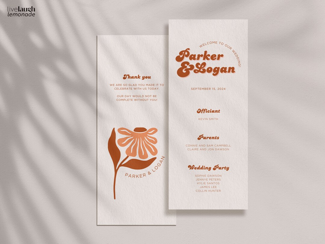 Printable Boho Retro Program Template With Thank You Card - Editable ...