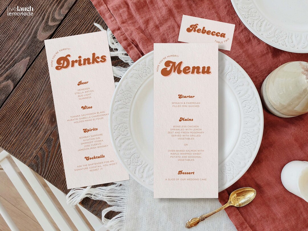 Retro Editable Wedding Menu Printable Template With Place Cards ...