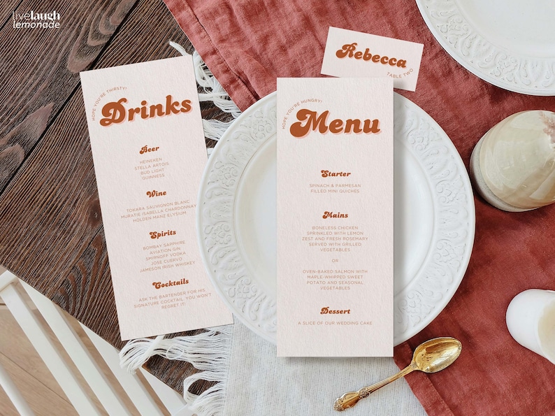 Retro Editable Wedding Menu Printable Template With Place Cards ...