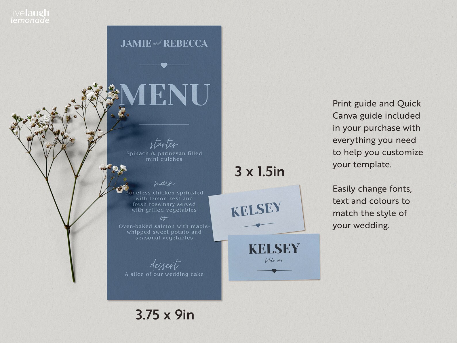 Simple Editable Wedding Menu and Place Cards Template for DIY Wedding ...