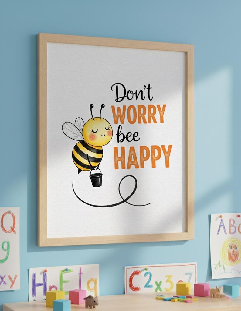 Don't Worry Bee Happy Print, Boho Sunshine Wall Art, Modern Kids Room Decor, Positive Quote ...