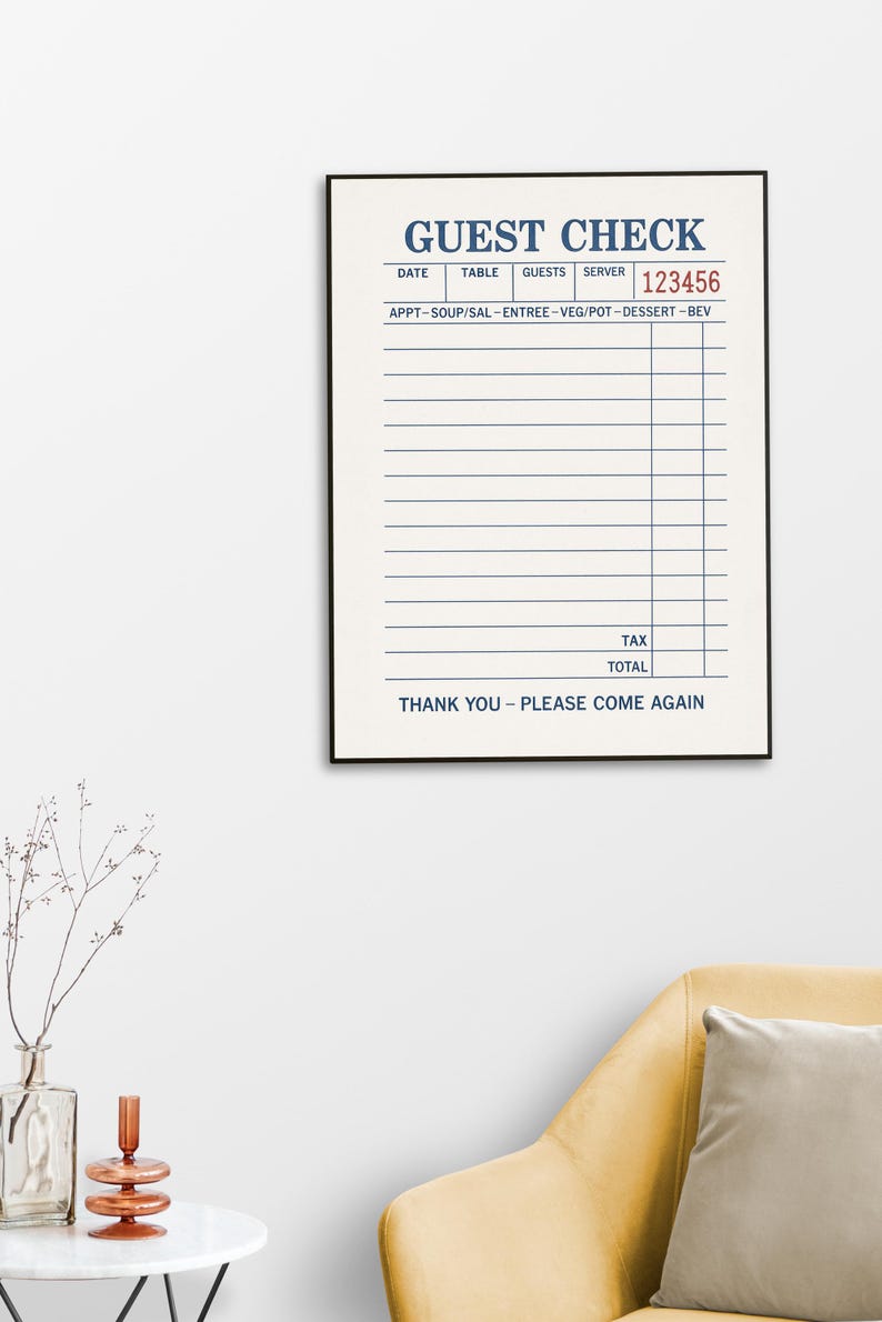 Blank Guest Check Art Print, Trendy Wall Art, Guest Check Print ...