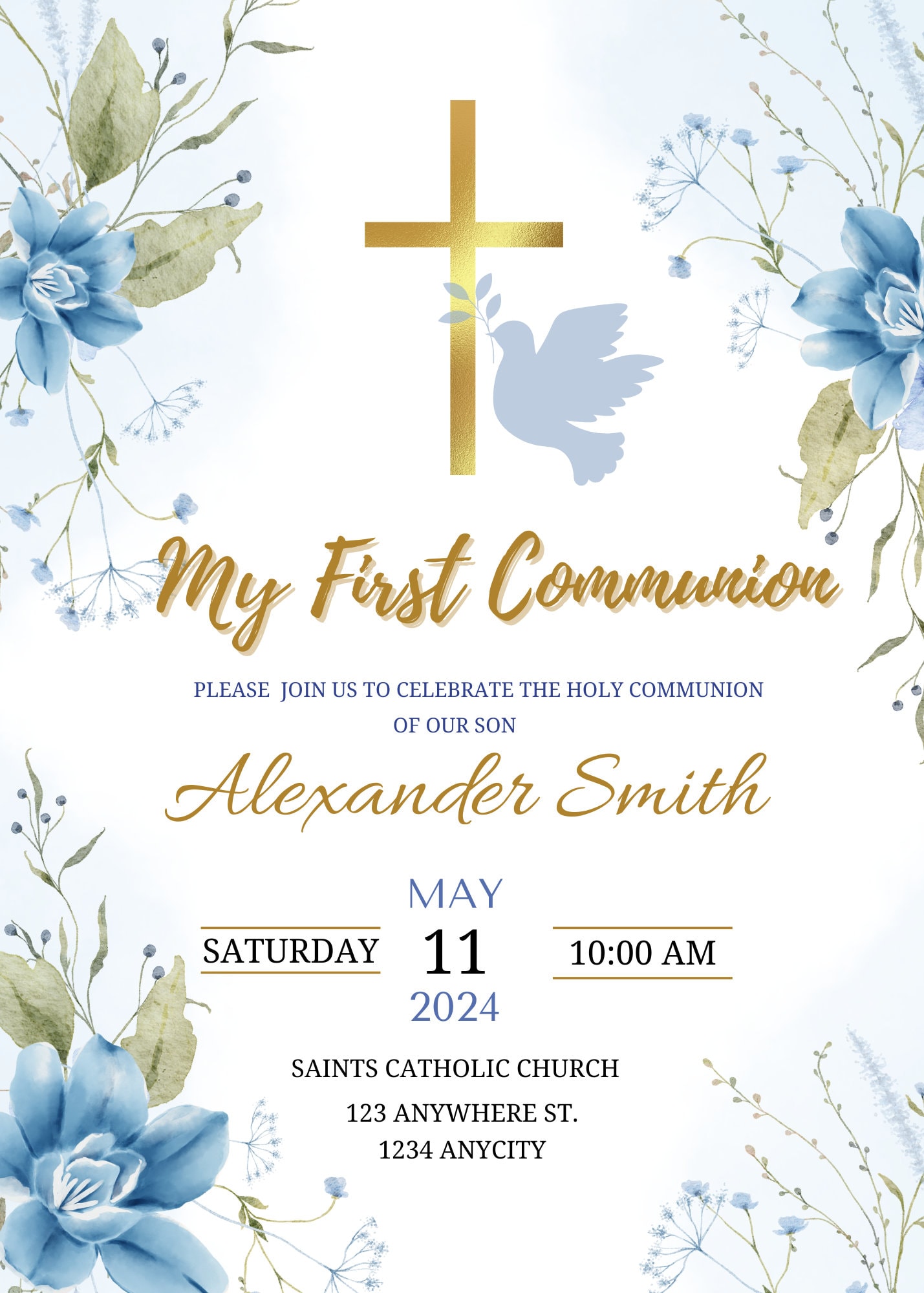 First Holy Communion Invitation Template - Blue Gender Neutral Digital ...