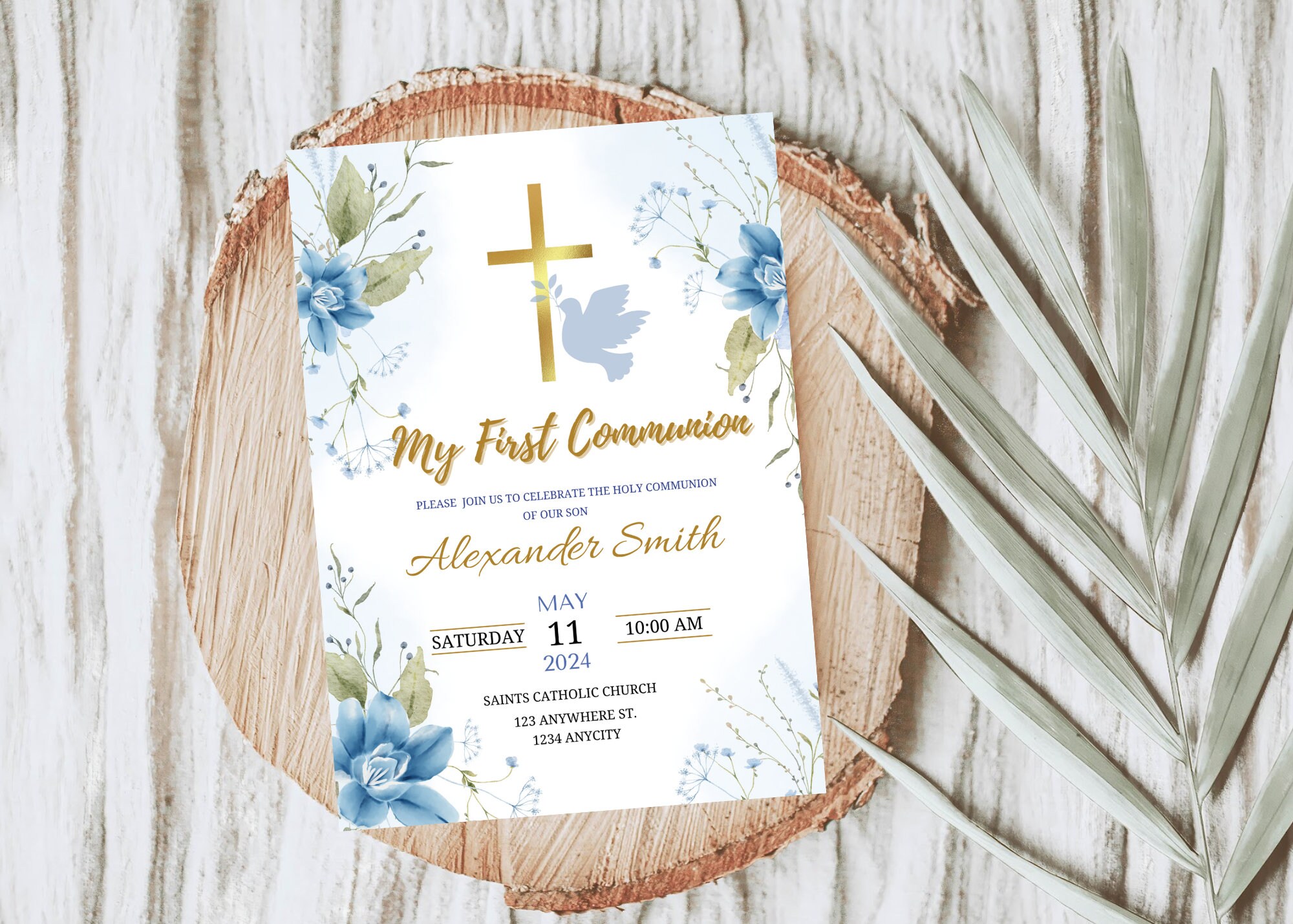 First Holy Communion Invitation Template - Blue Gender Neutral Digital ...