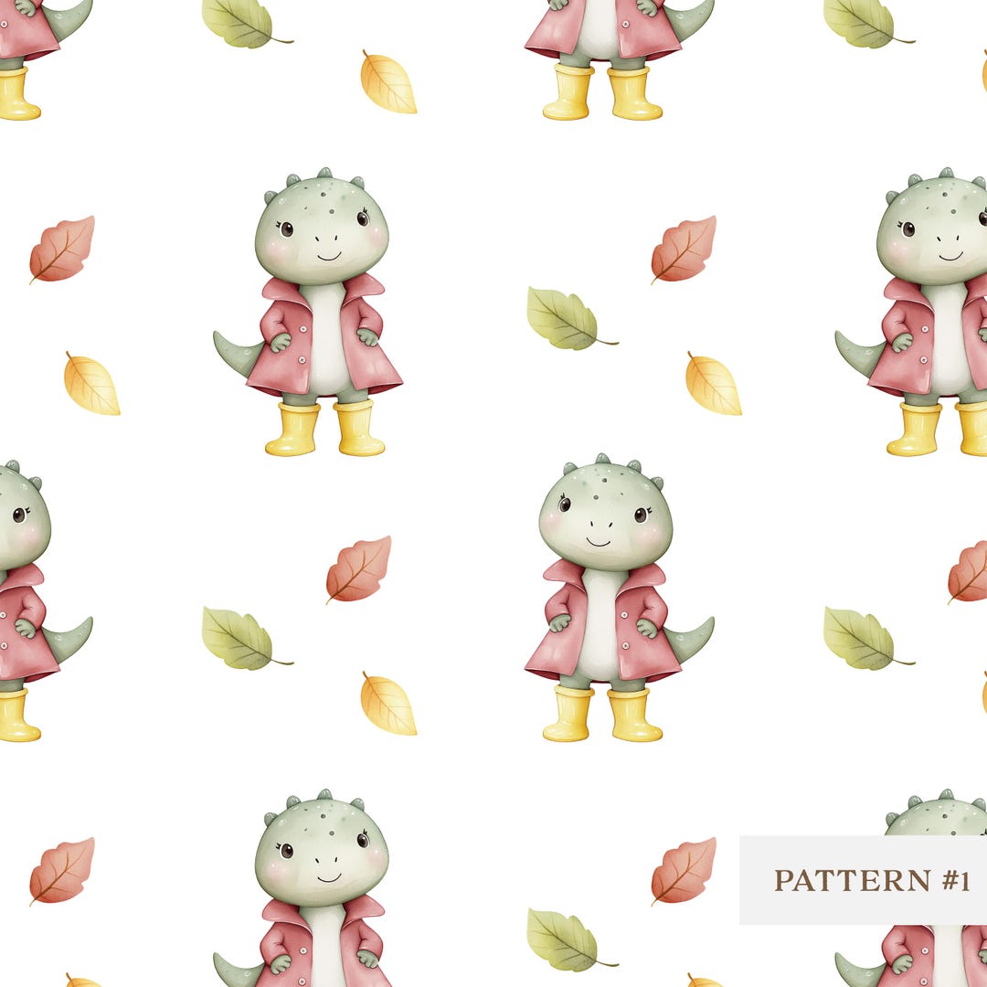Cute Dinosaur Autumn Raincoat Seamless Pattern | Fall Kids Digital ...