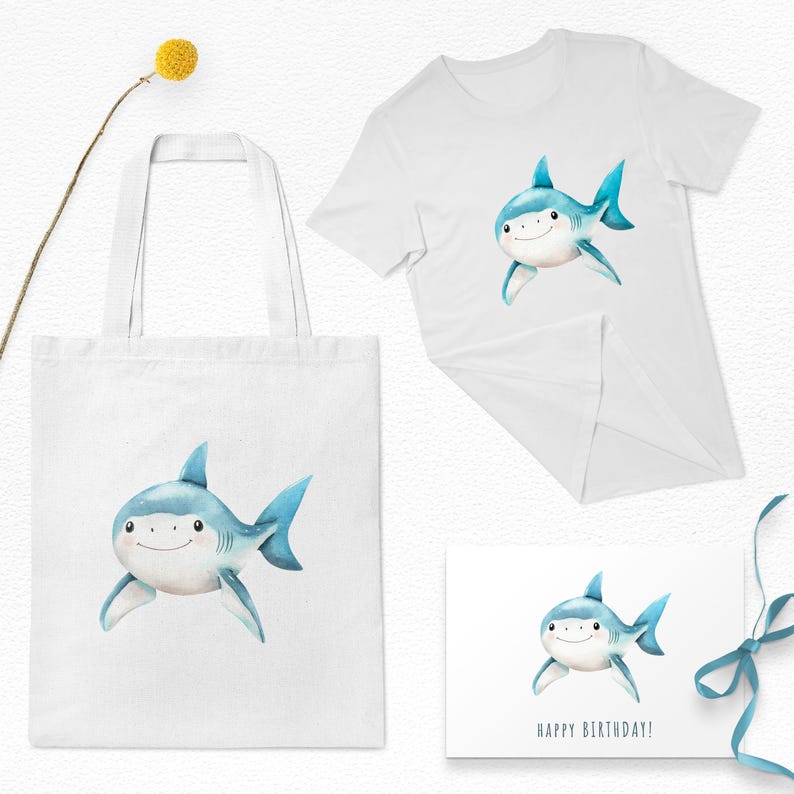 Watercolor Cute Shark Clipart – Baby Shark PNG for Kids Party Decor ...
