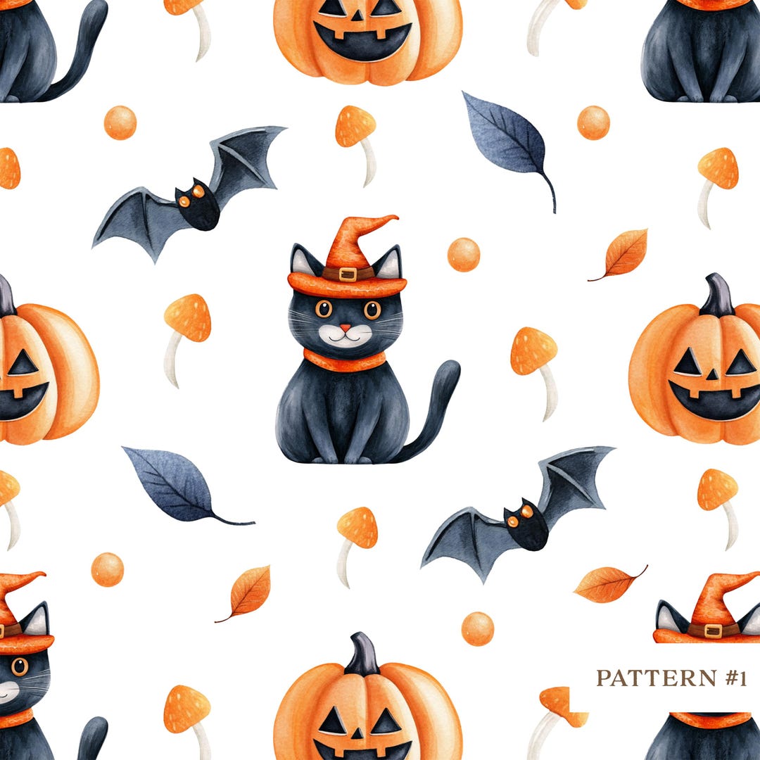 Cute Halloween Cat Seamless Pattern-halloween Pumpkins-bat-spooky ...