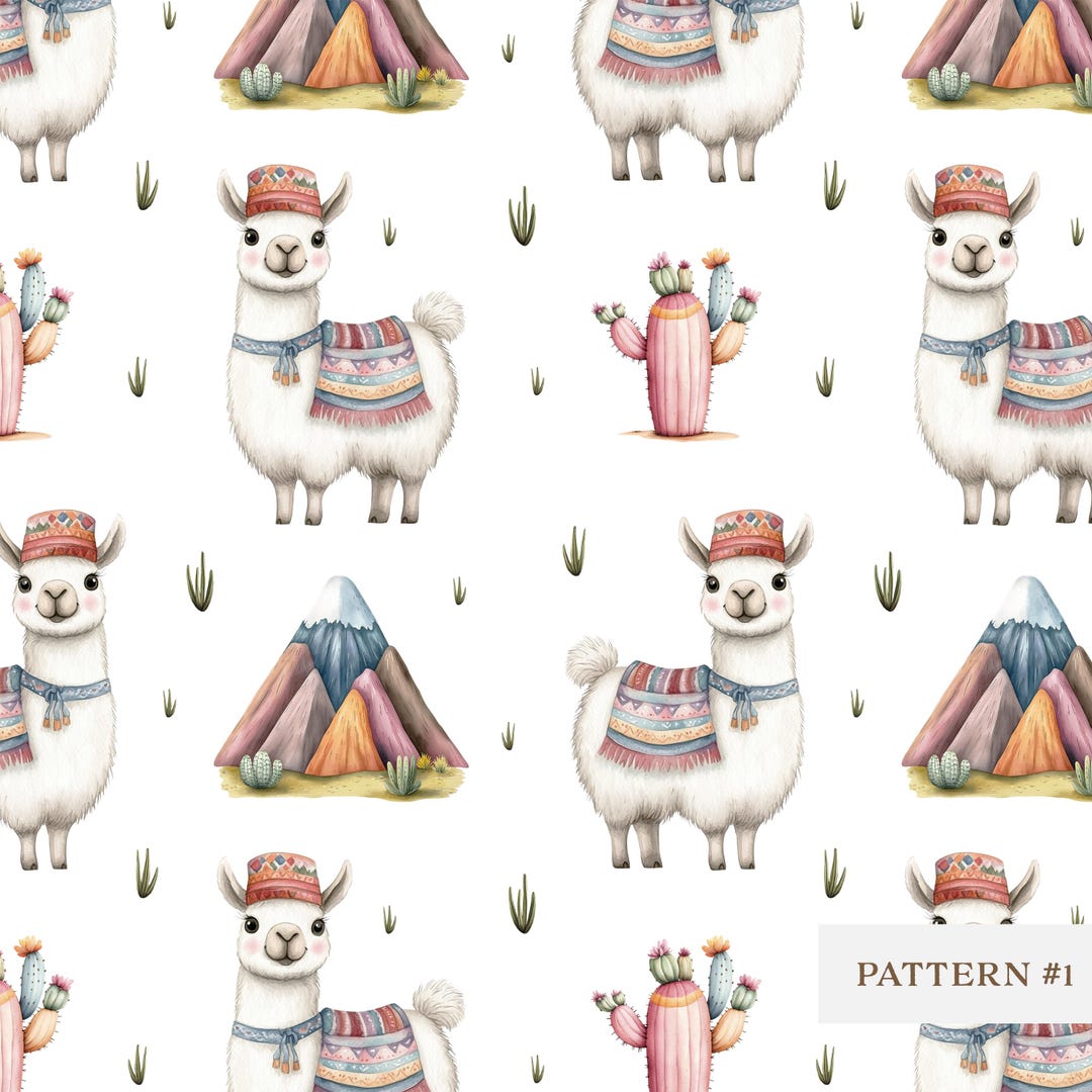 Watercolor Llama Seamless Pattern, Cute Boho Alpaca Print for Fabric ...