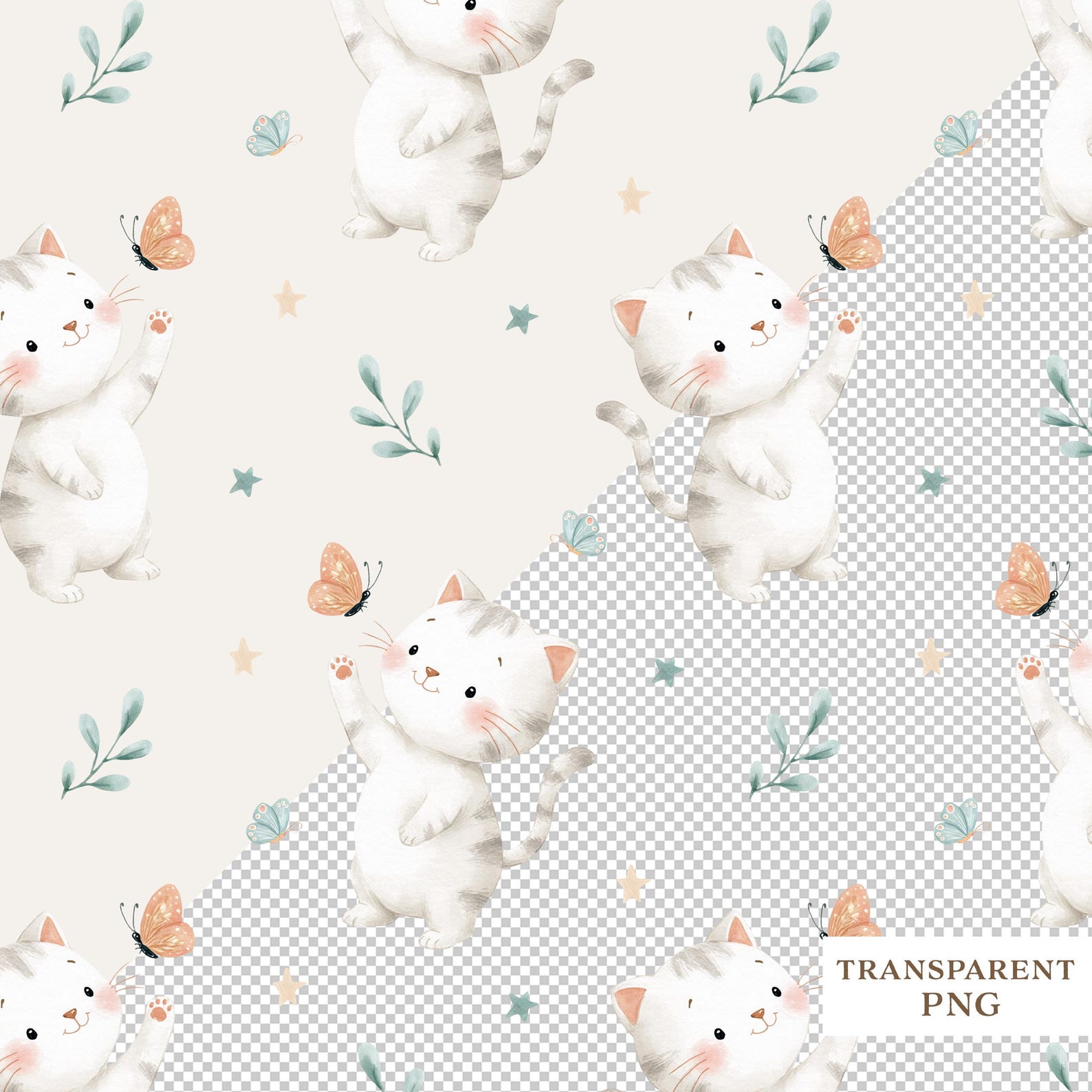 Cute Cat Seamless Pattern | Watercolor Kitten and Butterfly Design ...