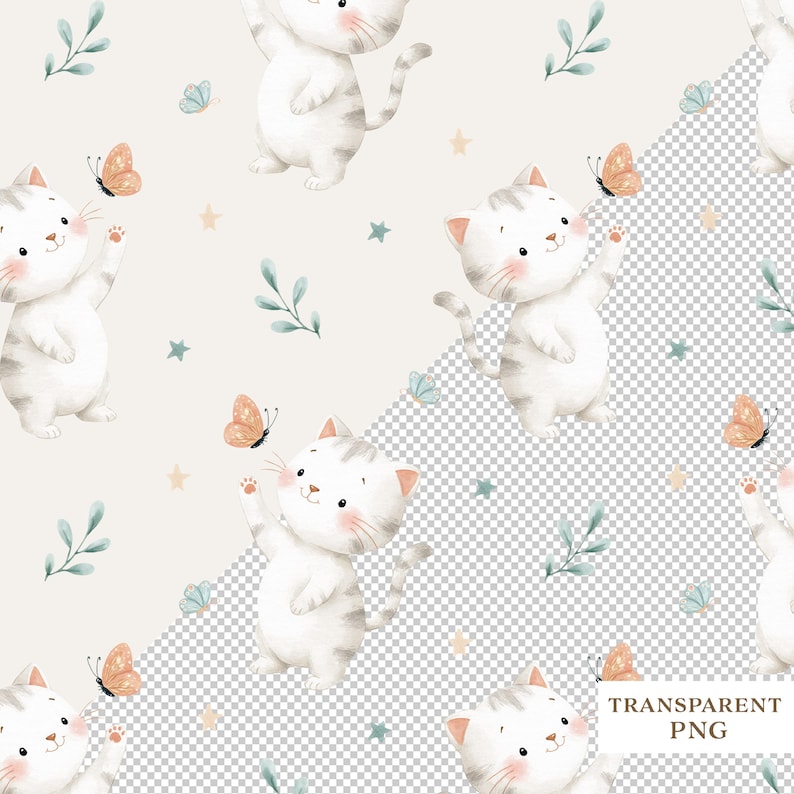 Cute Cat Seamless Pattern | Watercolor Kitten and Butterfly Design ...