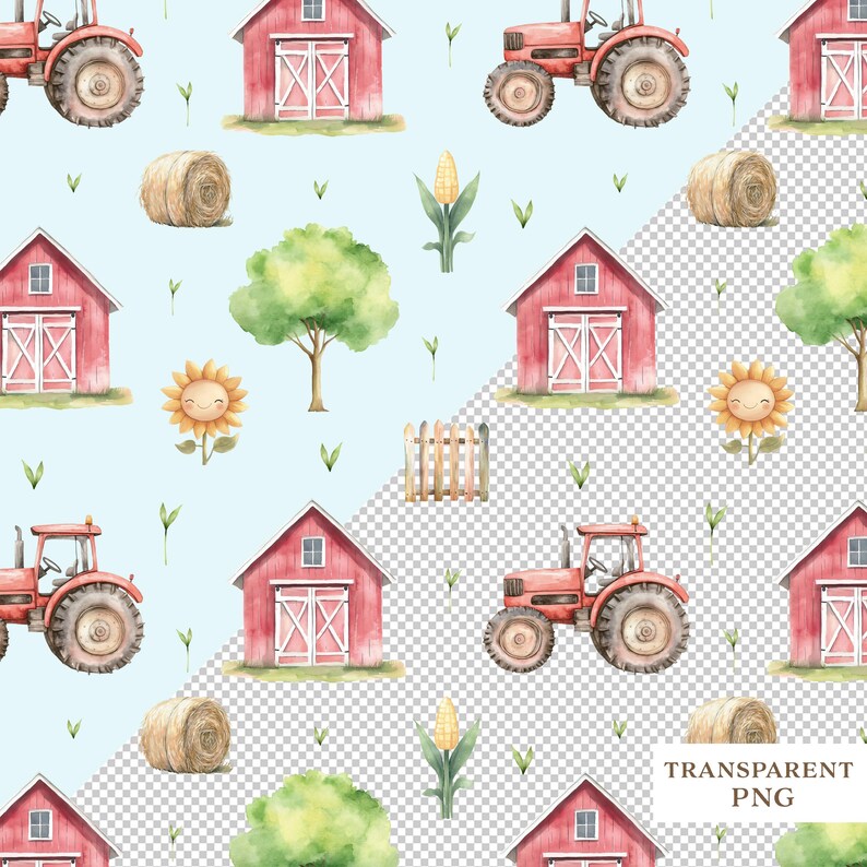 Farm Tractor Seamless Pattern PNG, Watercolor Barn Digital Paper ...