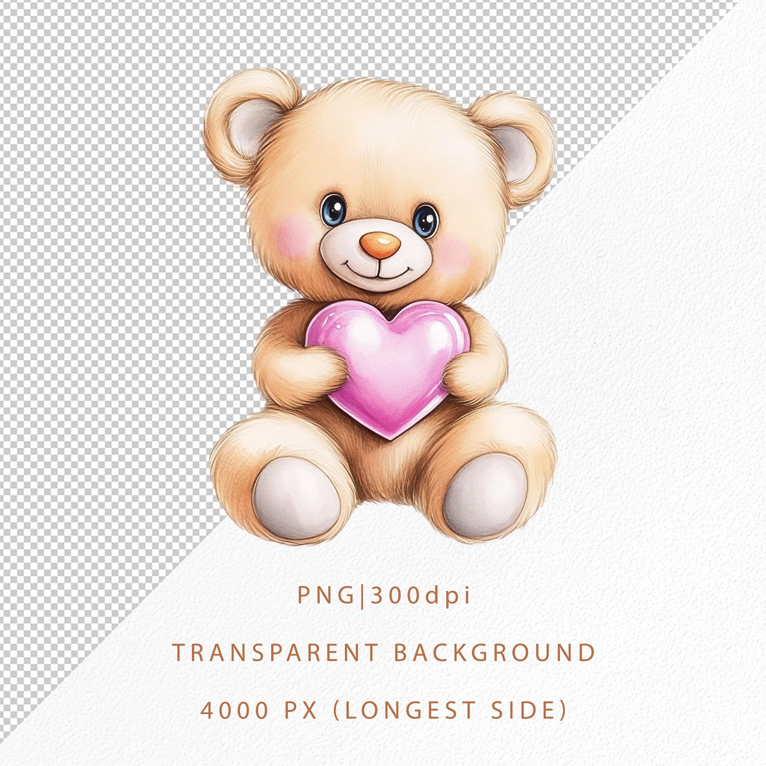 Watercolor Adorable Teddy Bear Holding Pink Heart Clipart, Valentine's ...