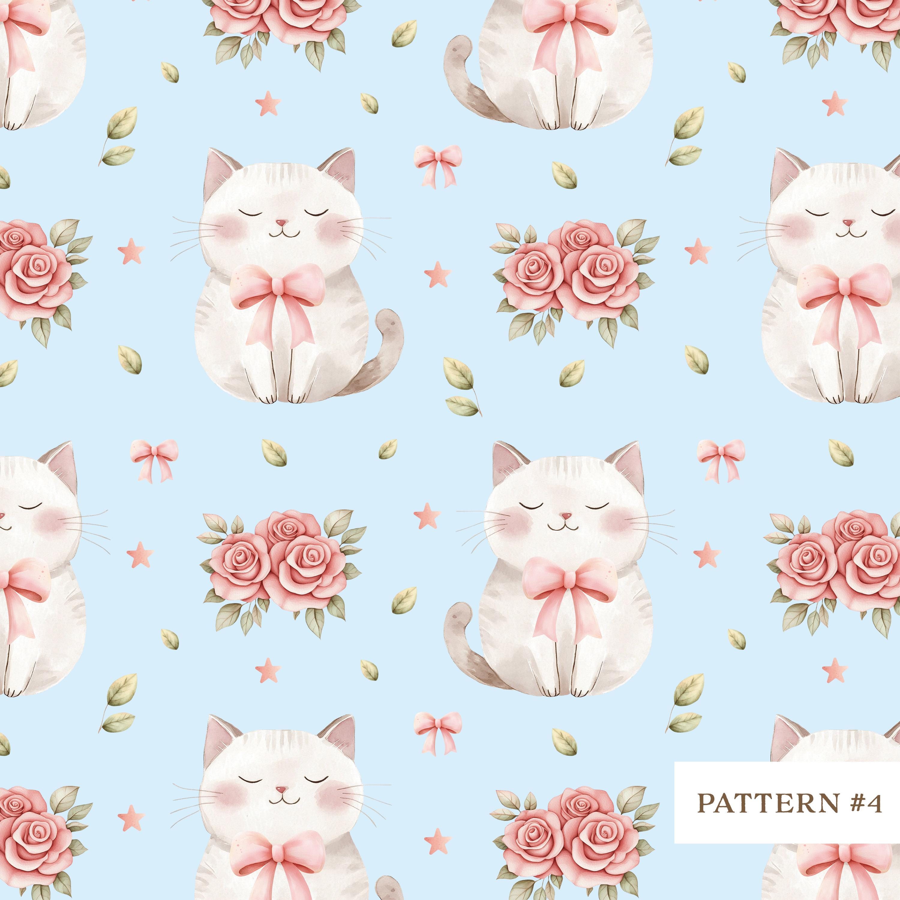 Cute Watercolor Cat Seamless Pattern, Pink Bow Kitty Digital Paper ...
