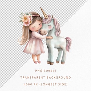 Girl and Unicorn Clipart PNG, Magical Digital Download, Nursery Art ...