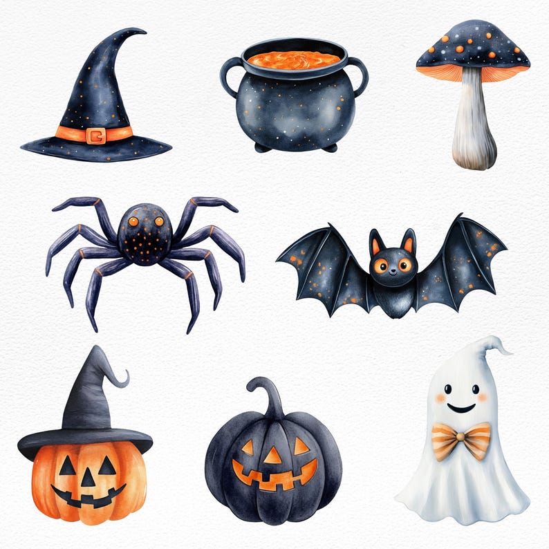 Halloween Clipart PNG Set-watercolour Clipart-cute Halloween Decoration ...
