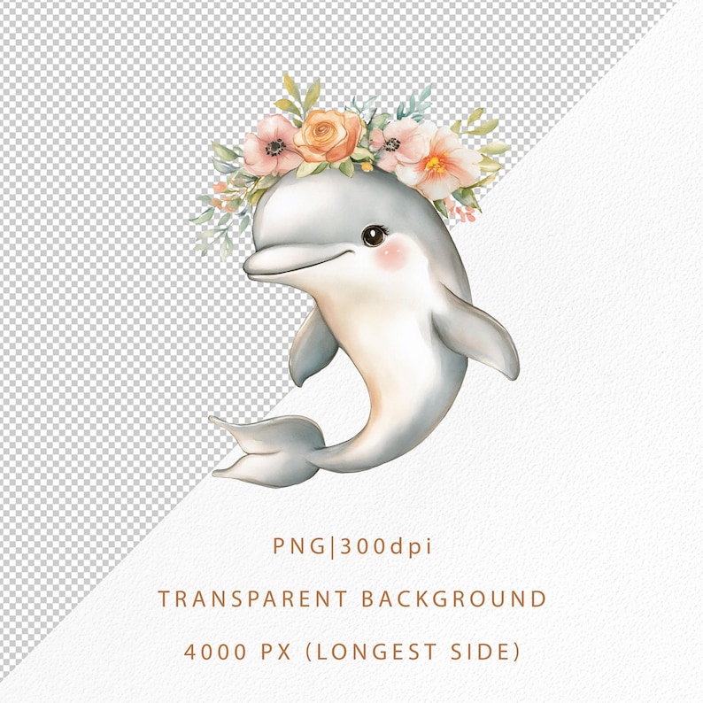 Floral Dolphin Clipart PNG, Cute Watercolor Dolphin With Flower Crown ...