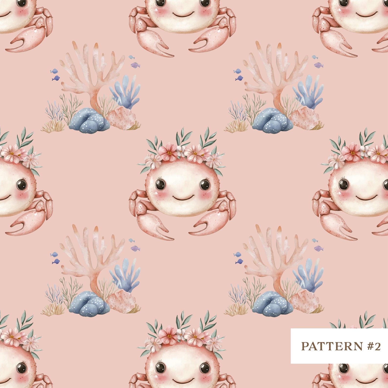 Watercolor Crab, Coral Seamless Pattern, Ocean Animal Repeating Pattern ...