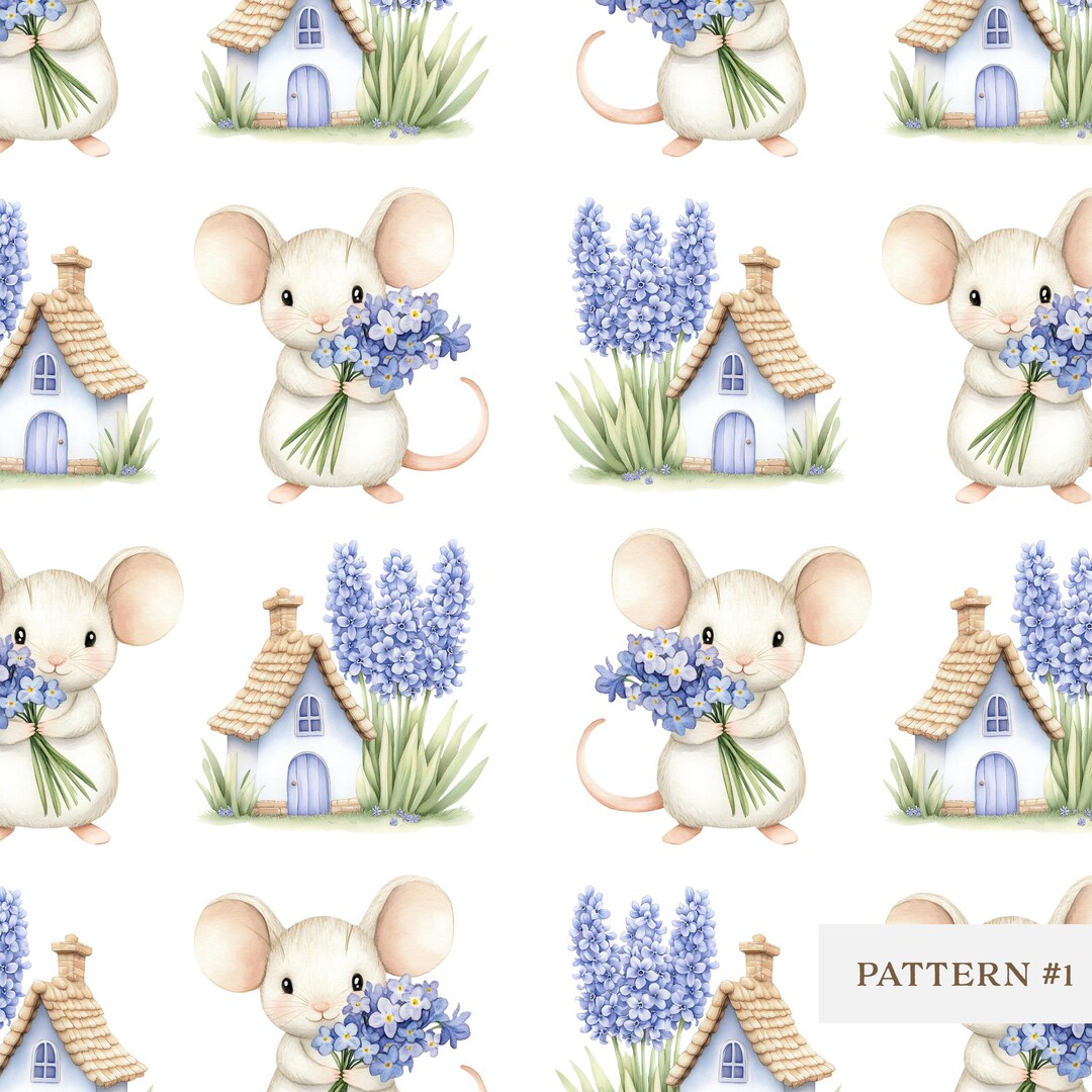 Cute Mouse Digital Paper, Cottagecore Seamless Pattern, Floral Mouse ...