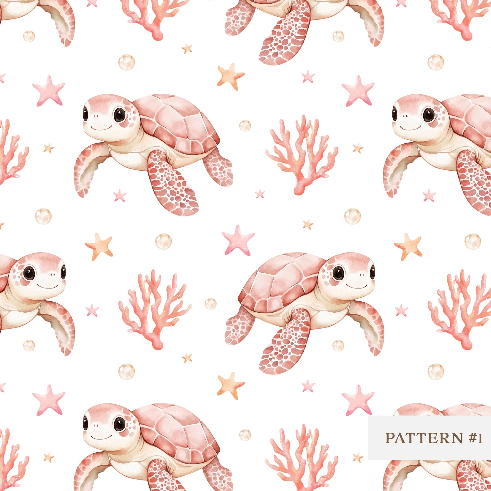 Seamless Sea Turtle Pattern, Cute Ocean Baby Animals, Watercolor Marine ...
