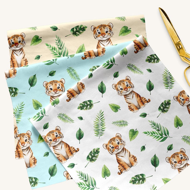 Seamless Tiger Cub Pattern, Green Leaf Pattern, Jungle Animal Digital ...
