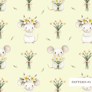 Watercolor Mouse Seamless Pattern, Cute Floral Mice Fabric, Digital ...