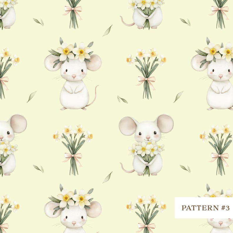 Watercolor Mouse Seamless Pattern, Cute Floral Mice Fabric, Digital ...
