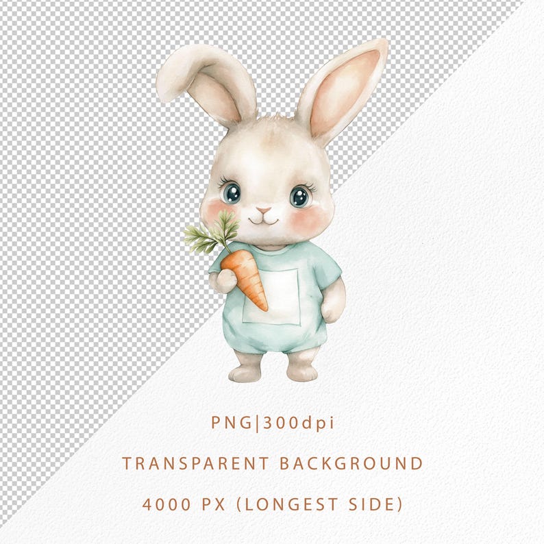 Watercolor Bunny Clipart PNG, Cute Rabbit Illustration for Kids Decor ...