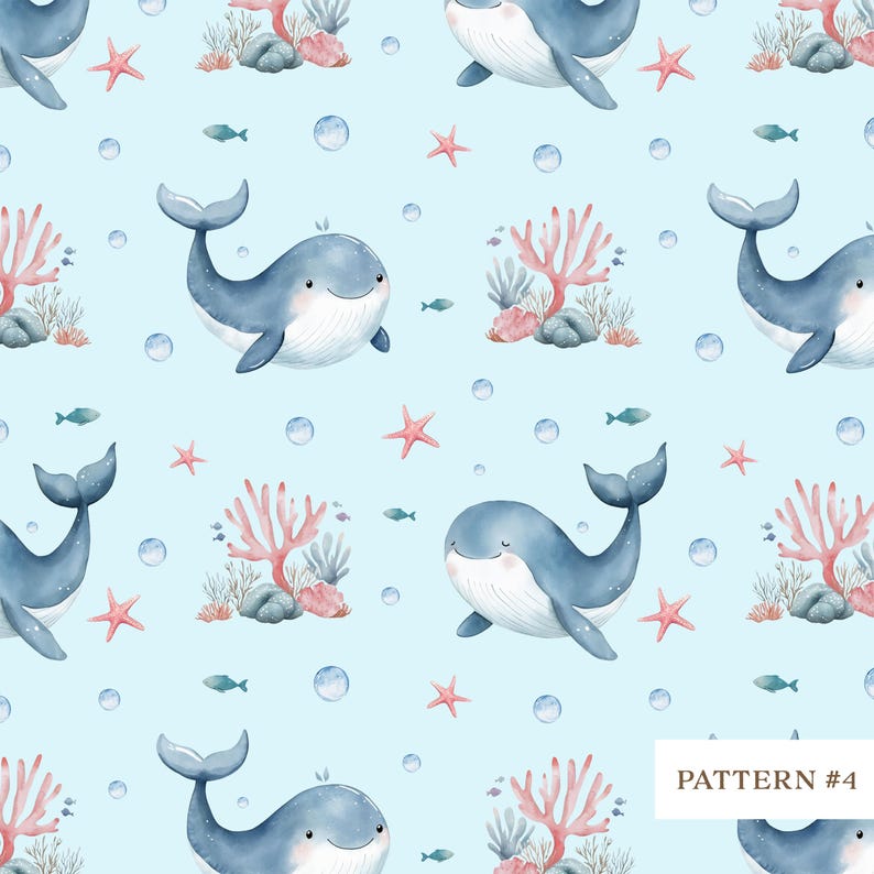 Watercolor Whale Seamless Pattern, Baby Ocean Animal Digital Paper ...