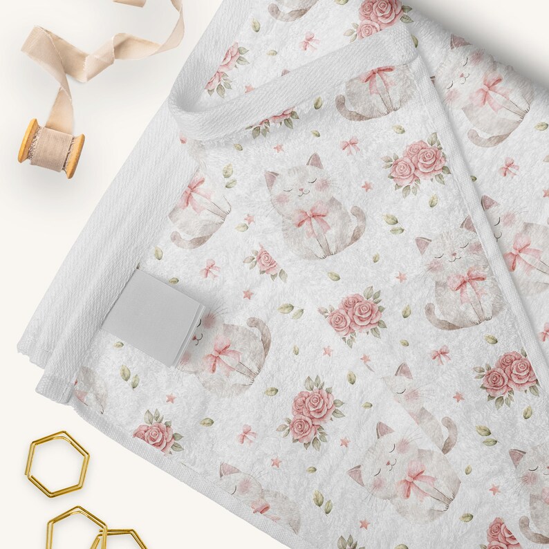 Cute Watercolor Cat Seamless Pattern, Pink Bow Kitty Digital Paper ...