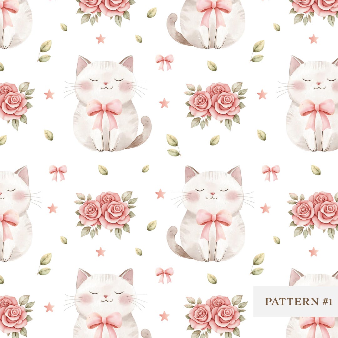 Cute Watercolor Cat Seamless Pattern, Pink Bow Kitty Digital Paper ...